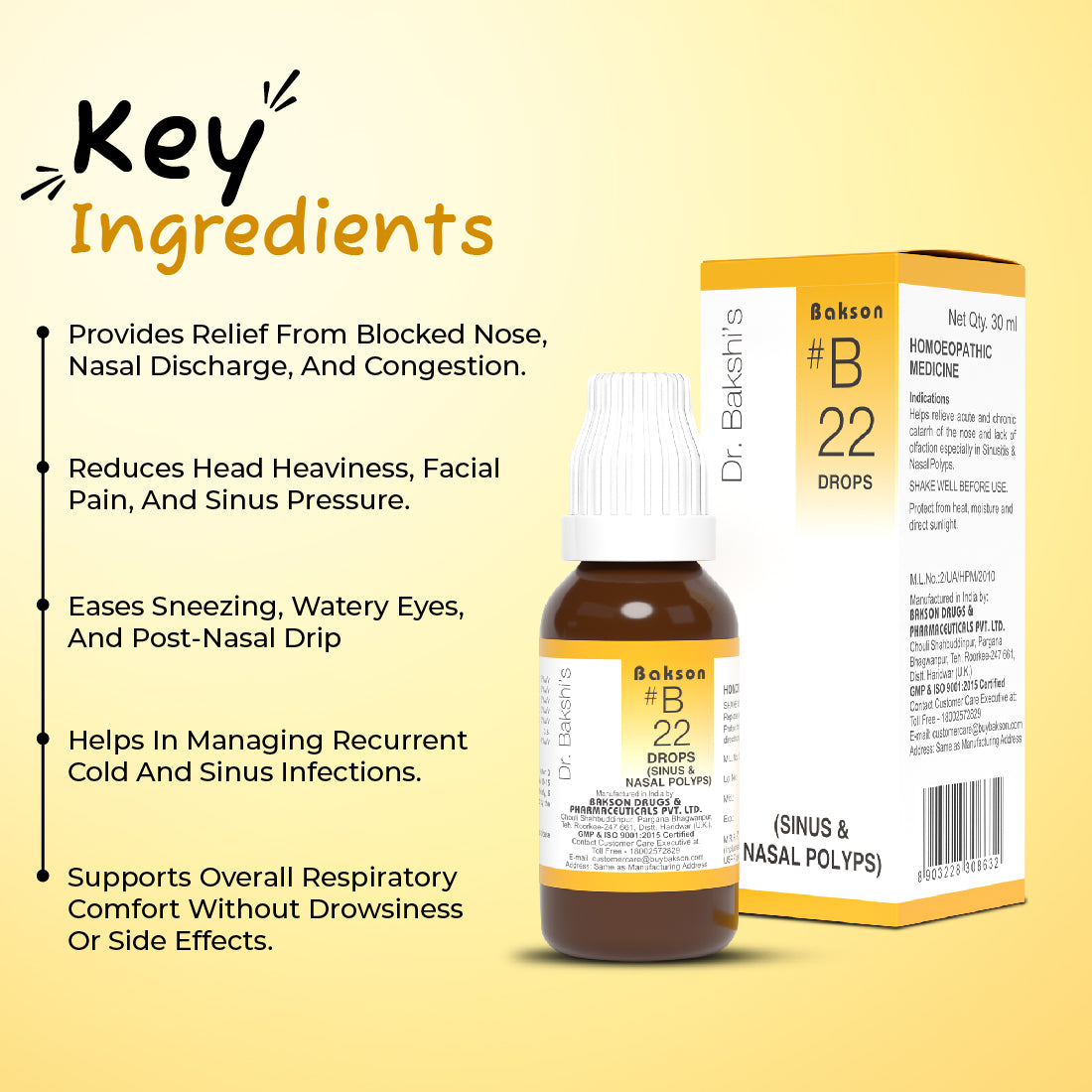 Bakson B22 Sinus Drops 30ml – Relieve Nasal Congestion & Headache – Buy ...